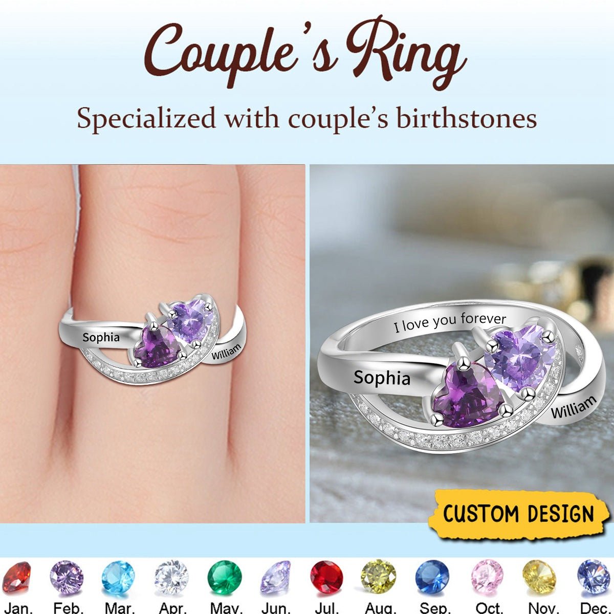 Personalized Rings With 2 Birthstones - Custom Name Promise Rings - OKBANDS