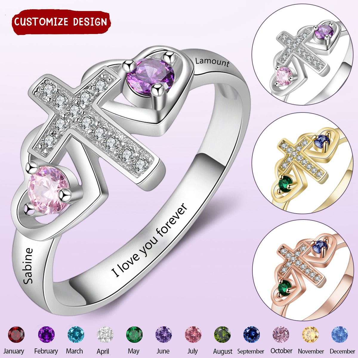 Personalized Cross Rings With 2 Birthstones - Custom Name Faith Promis ...