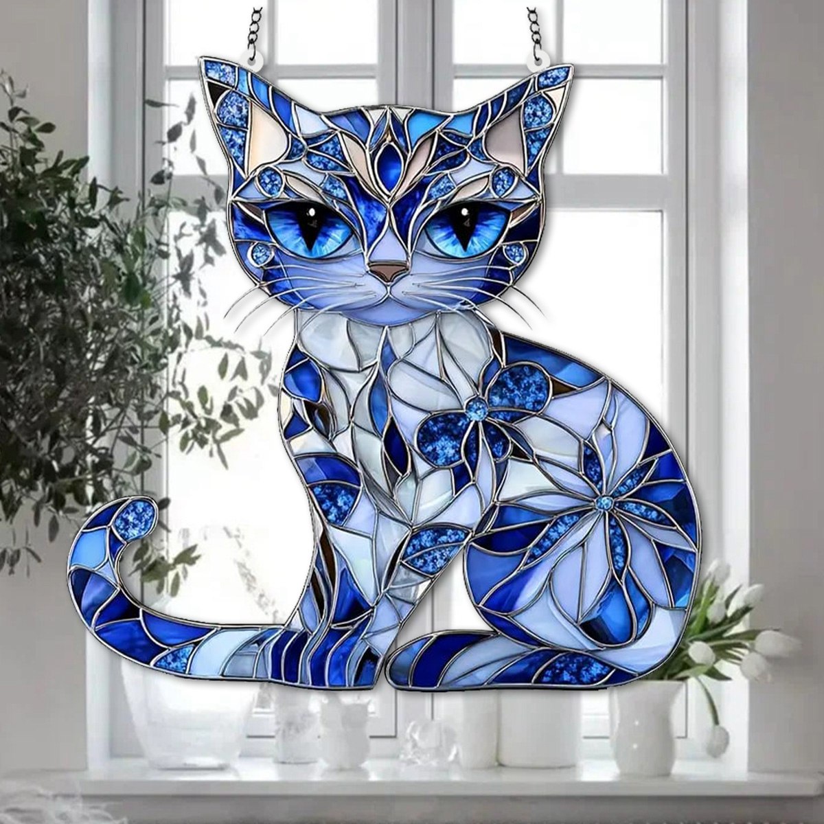 Blue & White Cat Suncatcher Ornament - Gift For Cat Lovers - OKBANDS