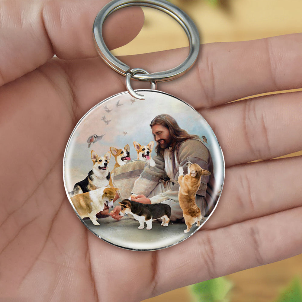 Jesus Surrounded By Corgis-Round Resin Epoxy Metal Keychain - OKBANDS