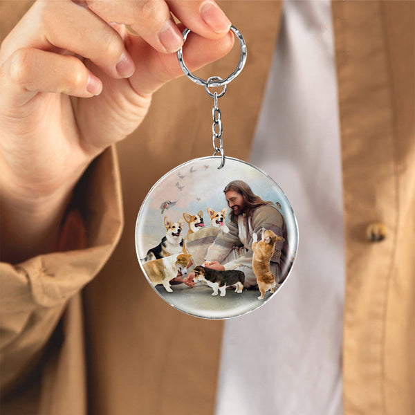 Jesus Surrounded By Corgis-Round Resin Epoxy Metal Keychain - OKBANDS