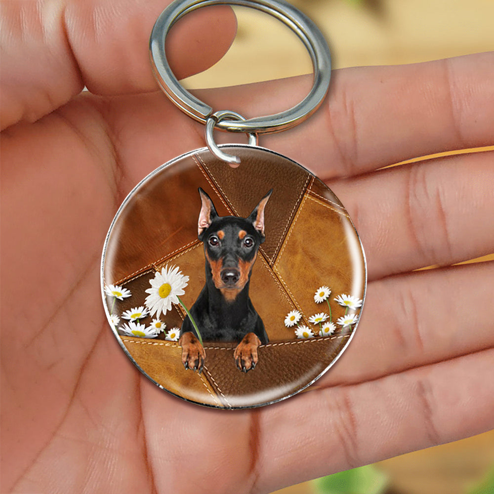 Doberman Holding Daisy-Round Resin Epoxy Metal Keychain - OKBANDS